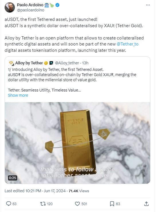 테더, 금 맡기고 스테이블코인 발행하는 aUSDT 출시...디지털 자산 플랫폼 구축(종합) | 블록미디어